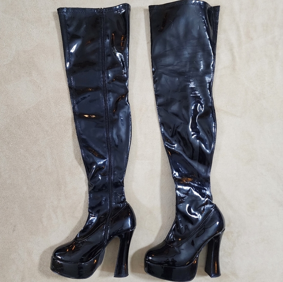 Ellie | Shoes | Black Patton Pleather Platform Thigh High Boots | Poshmark